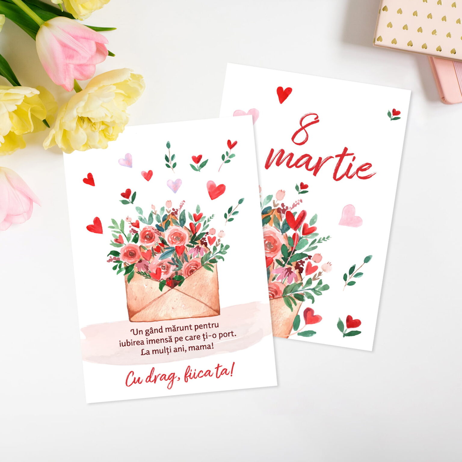 Felicitare 8 Martie Personalizată cu Mesaj — Plic cu Flori | Cataleya.gift