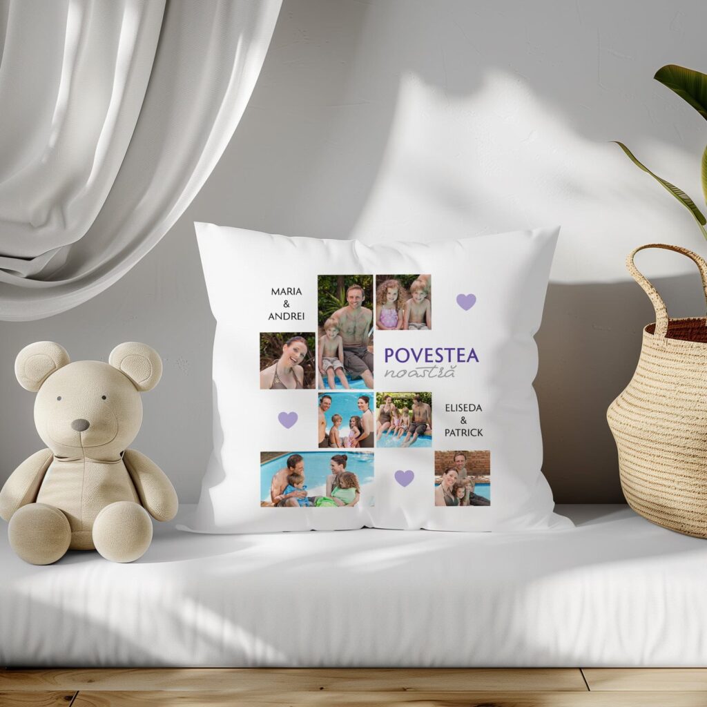 Pernă Colaj Foto "Povestea Noastră" Personalizată cu 7 Poze și Nume ...
