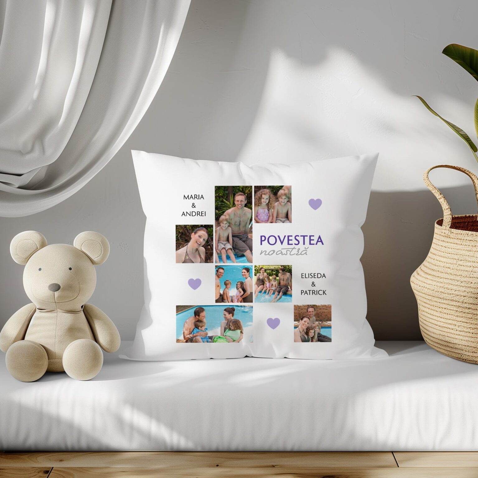 Pernă Colaj Foto "Povestea Noastră" Personalizată cu 7 Poze și Nume ...